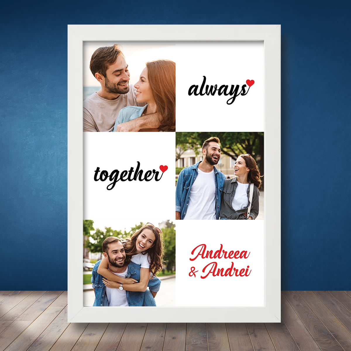 Tablou Personalizat Cuplu cu trei poze și nume - Always Together